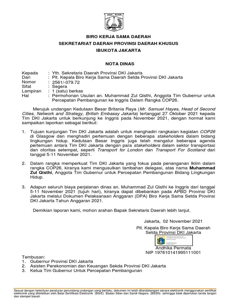 2561 Nota Dinas - Usulan Nama Tim Iklim DKI 011121-Final - Sign | PDF