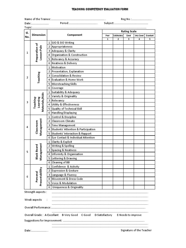 Teaching Competency Evaluation Form: Poor Satisfactory Good Very Good Excellant 1 2 3 4 5 | PDF ...
