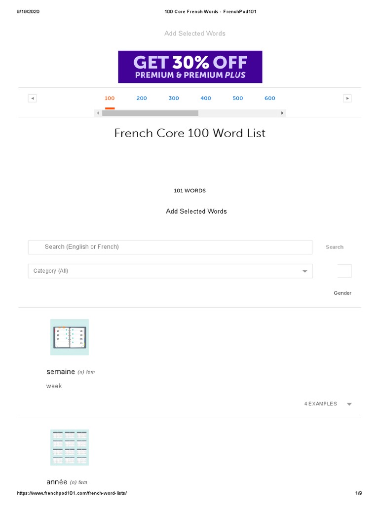 100 Core French Words - FrenchPod101 | PDF | Cognition | Learning