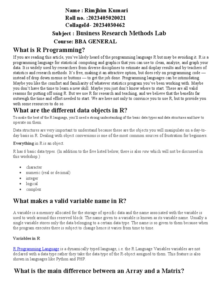 Business Research Methods Lab What Is R Programming? | PDF | Array Data Structure | Matrix ...