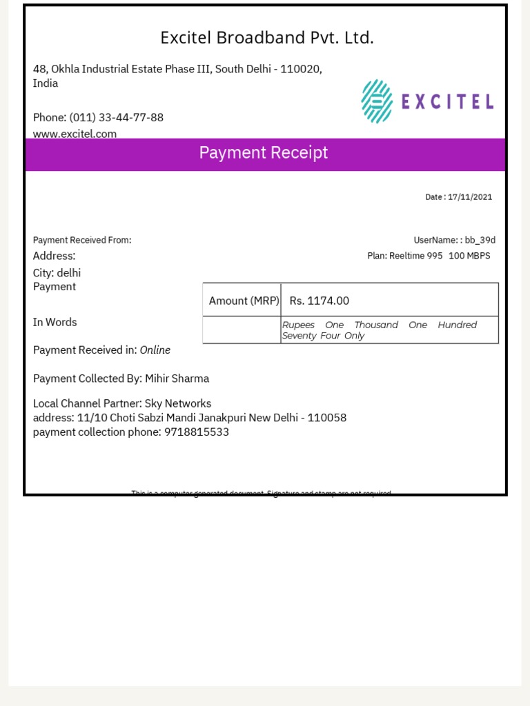Payment Receipt: Excitel Broadband Pvt. LTD | PDF