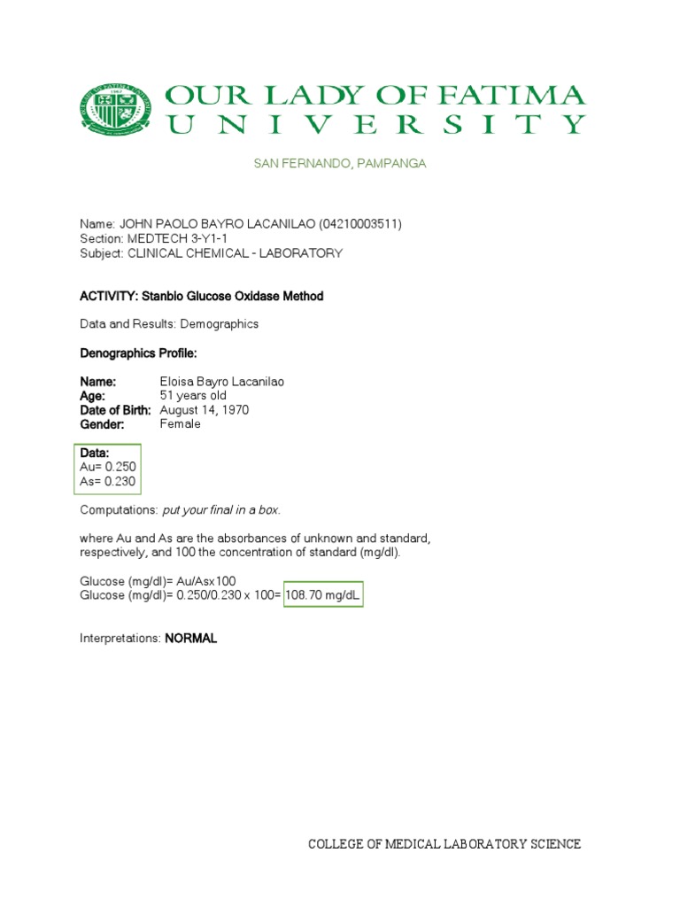 TASK 8 - Stanbio Glucose Oxidase Method | PDF | Diseases And Disorders ...