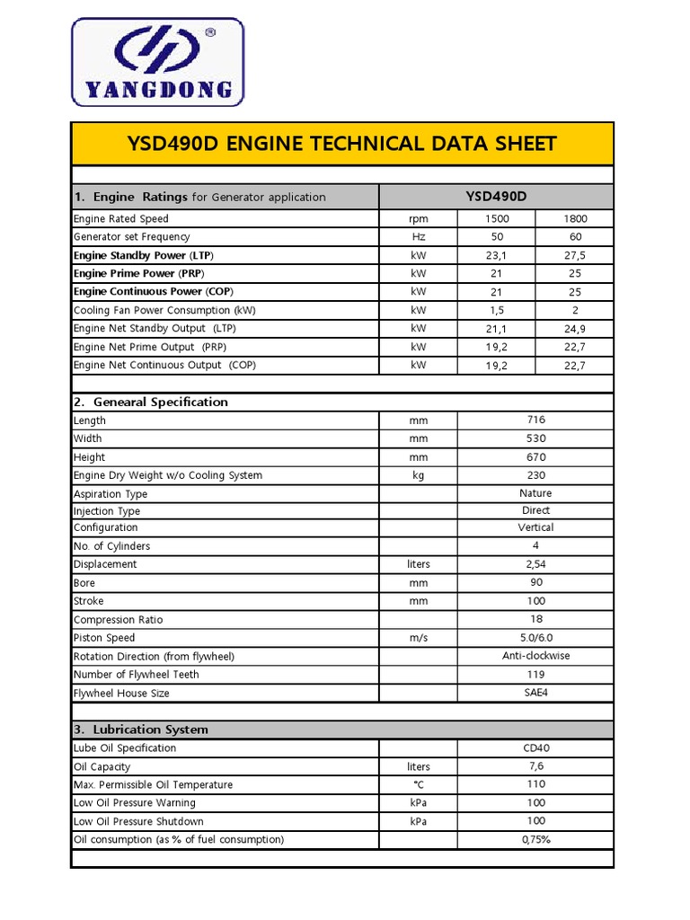 Ysd490D Engine Technical Data Sheet | PDF | Engines | Turbocharger
