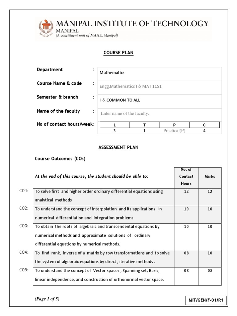 Course Plan: Engg - Mathematics I & MAT 1151 I& | Download Free PDF ...