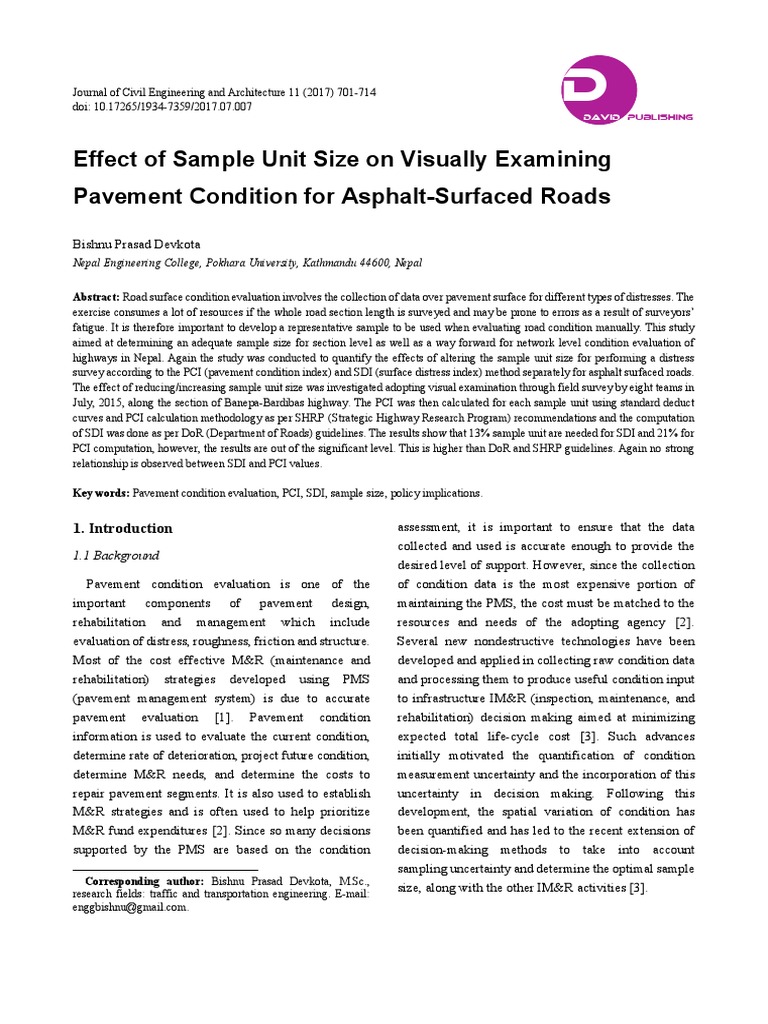 Effect of Sample Unit Size On Visually Examining Pavement Condition For ...