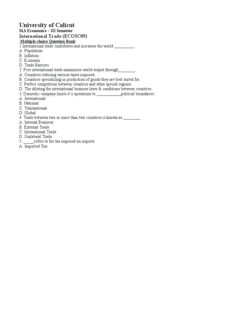 International Trade MCQ Question Bank | PDF | Tariff | Exports