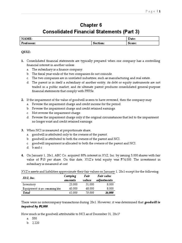 Quiz - Chapter 6 - Consol. FS Part 3 | PDF | Goodwill (Accounting ...