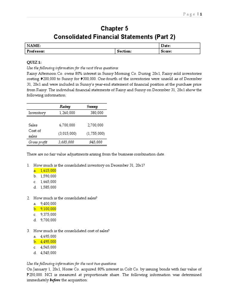 Quiz Chapter 5 Consol. Fs Part 2 | PDF | Debits And Credits | Equity (Finance)