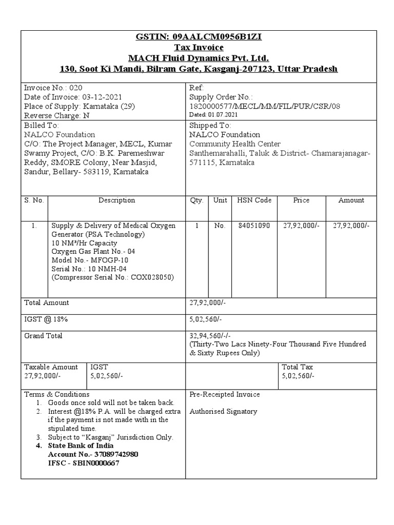 Invoice No. - 020 (NALCO Foundation, Bhubanwshwar, Odisha) | PDF