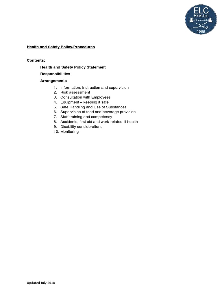 Health and Safety Policy/Procedures: Updated July 2018 | PDF ...