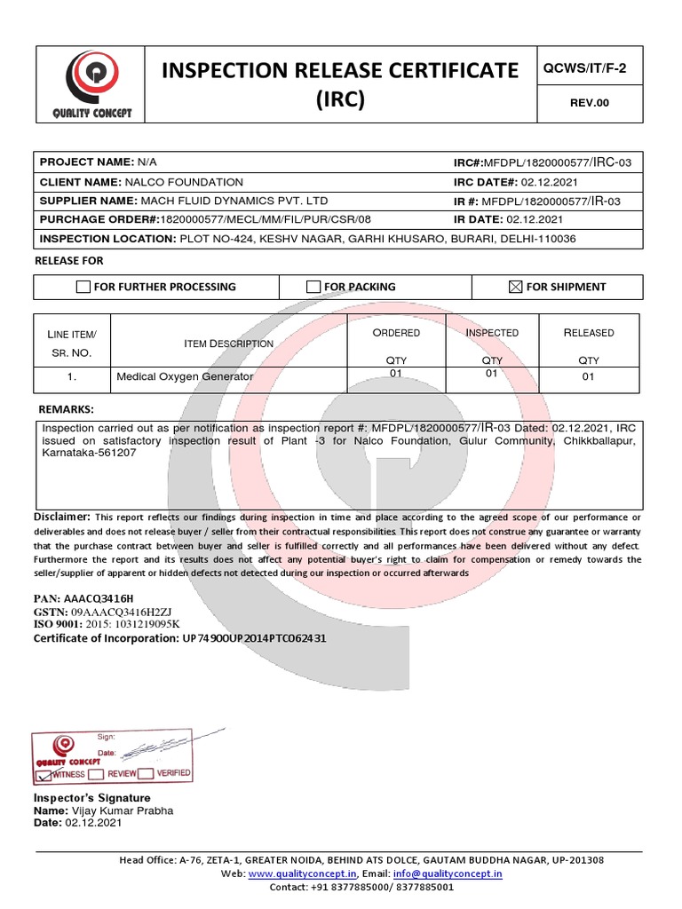 Inspection Release Certificate (IRC) | PDF | Contract Law | Business ...