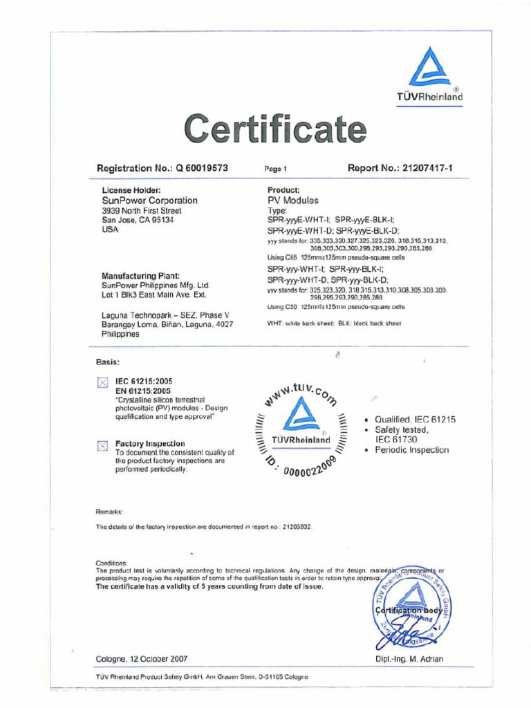 TUV Certificates SunPower Corp - Ashx | PDF