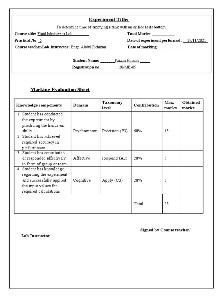 Marking Evaluation Sheet | PDF