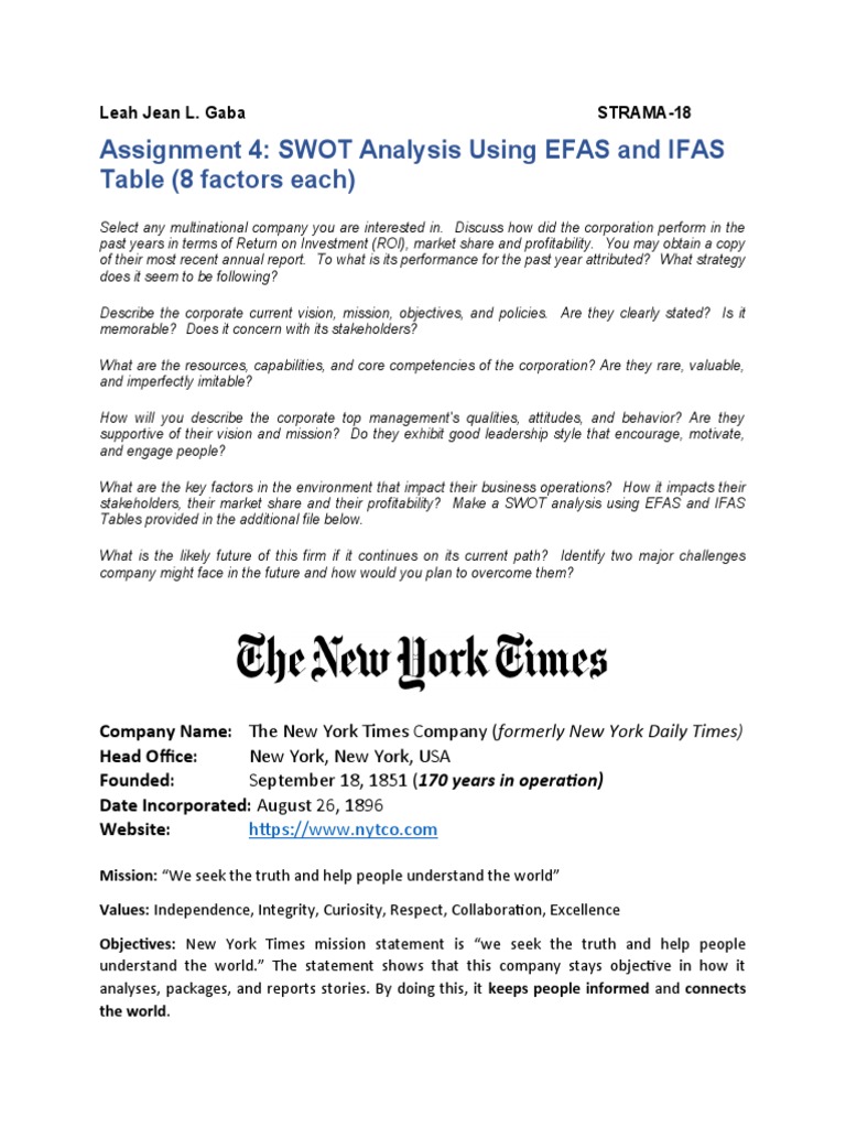 Assignment 4: SWOT Analysis Using EFAS and IFAS Table (8 Factors Each ...
