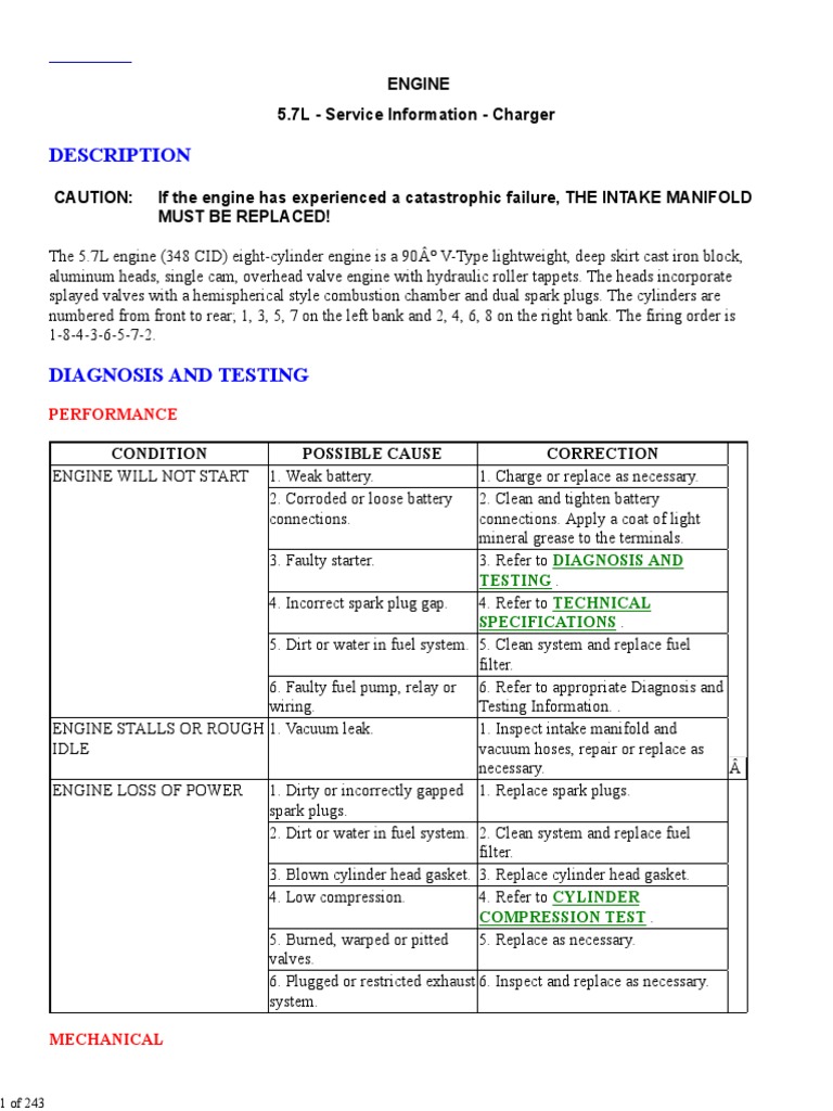 Dodge 5.7 Service Information | PDF | Piston | Mechanical Engineering