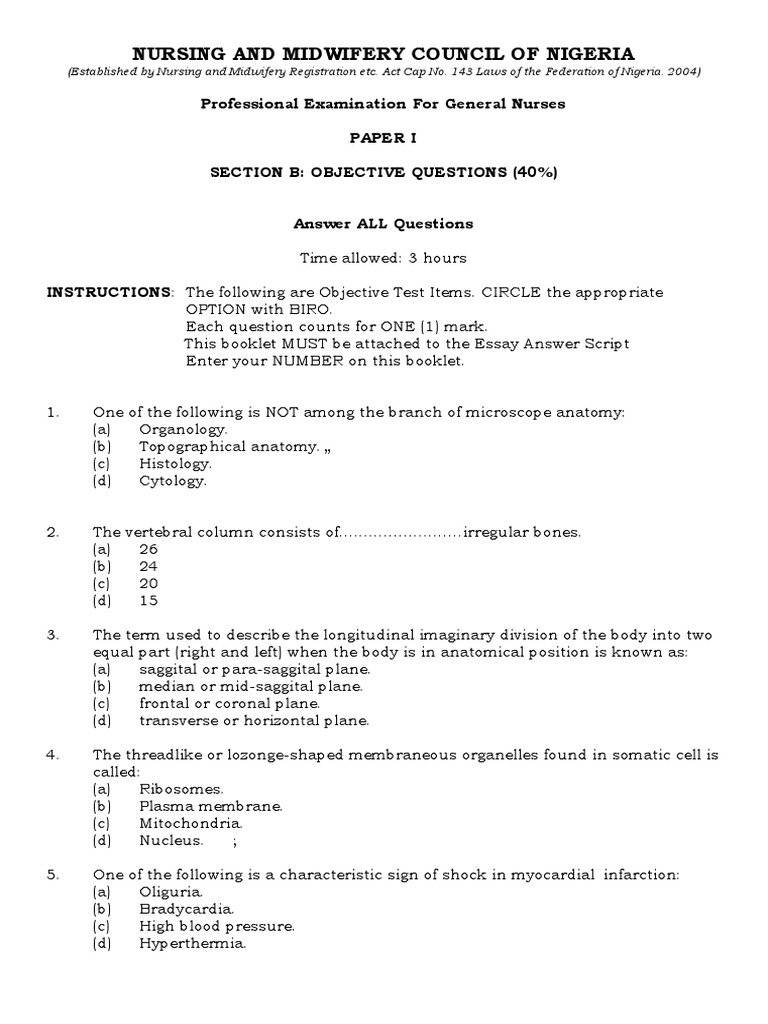 Free NMCN Objective Questions Section B Professional Exam | Download Free PDF | Nursing ...