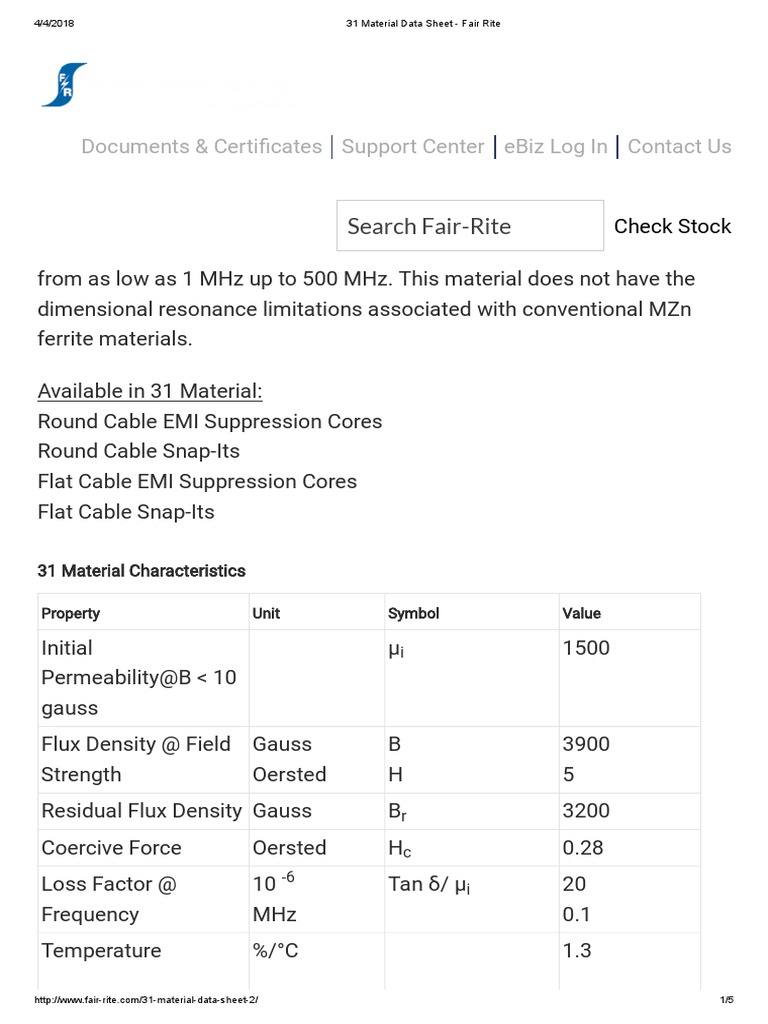 31 Material Data Sheet - Fair Rite | PDF | Electromagnetic Interference ...