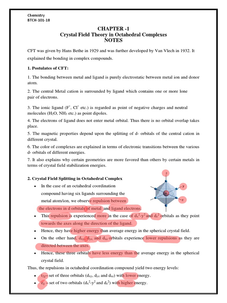 Chapter - 1 Crystal Field Theory in Octahedral Complexes Notes | PDF ...
