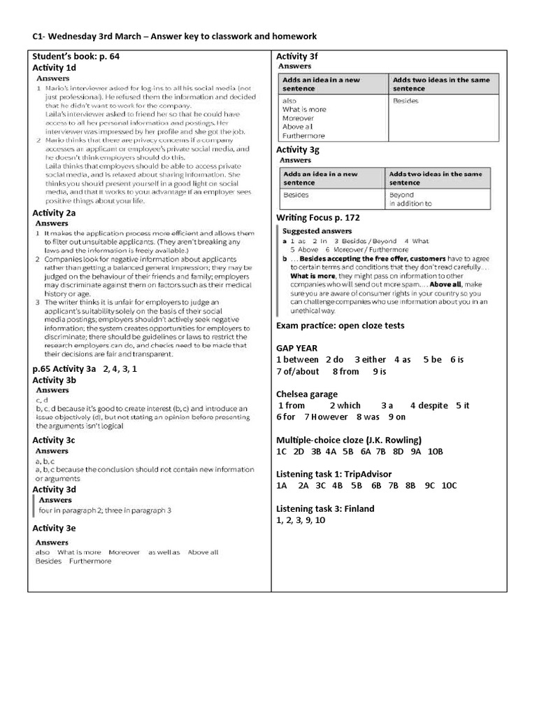 C1 - Answer Key 3rd March | PDF