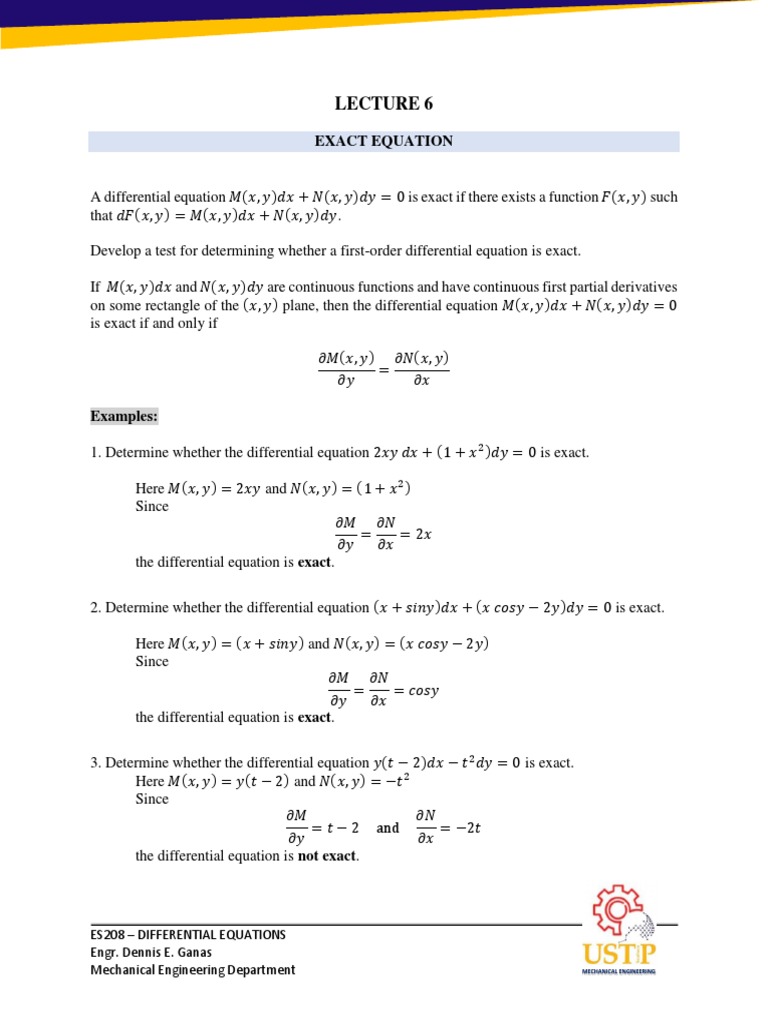 Im de Chapter 2 Lect 6 - Exact Equations | PDF | Equations | Differential Equations