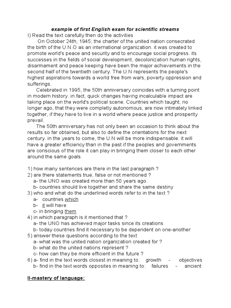 Example of First English Exam For Scientific Streams | PDF | United ...