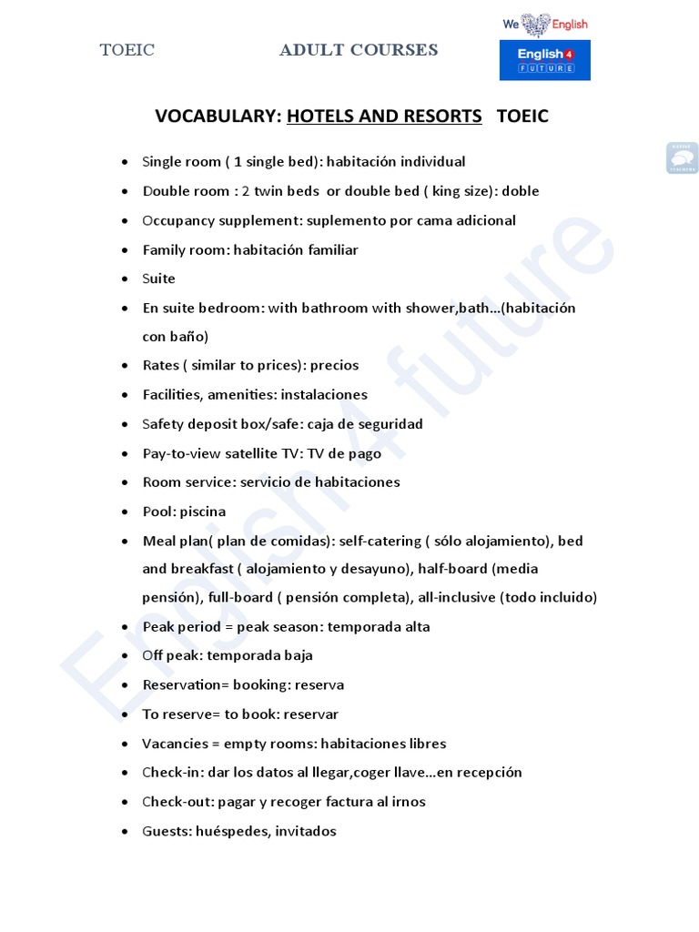 Vocabulary For Hotels | PDF