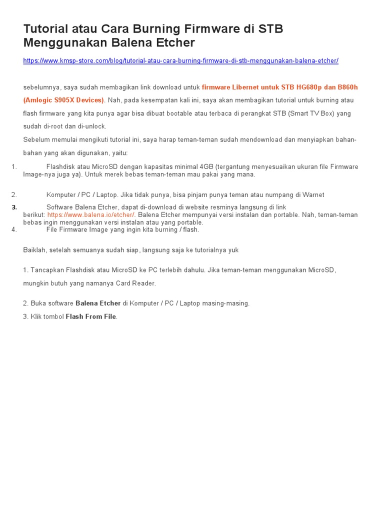 Tutorial Atau Cara Burning Firmware Di STB Menggunakan Balena Etcher | PDF | Komputer