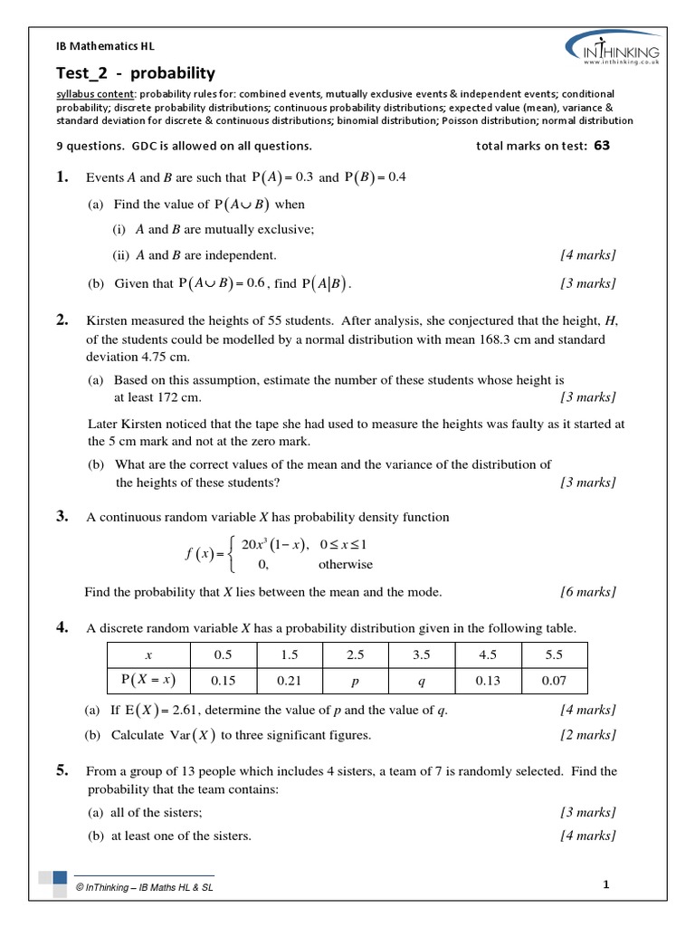 Test - 2 - Probability: IB Mathematics HL | PDF | Probability ...