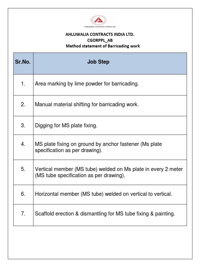 Method Statement of Barricading Work | PDF