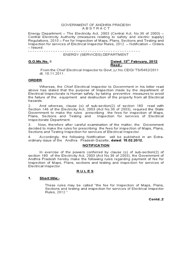G.O.Ms - No. 8 February, 2012 From The Chief Electrical Inspector To ...