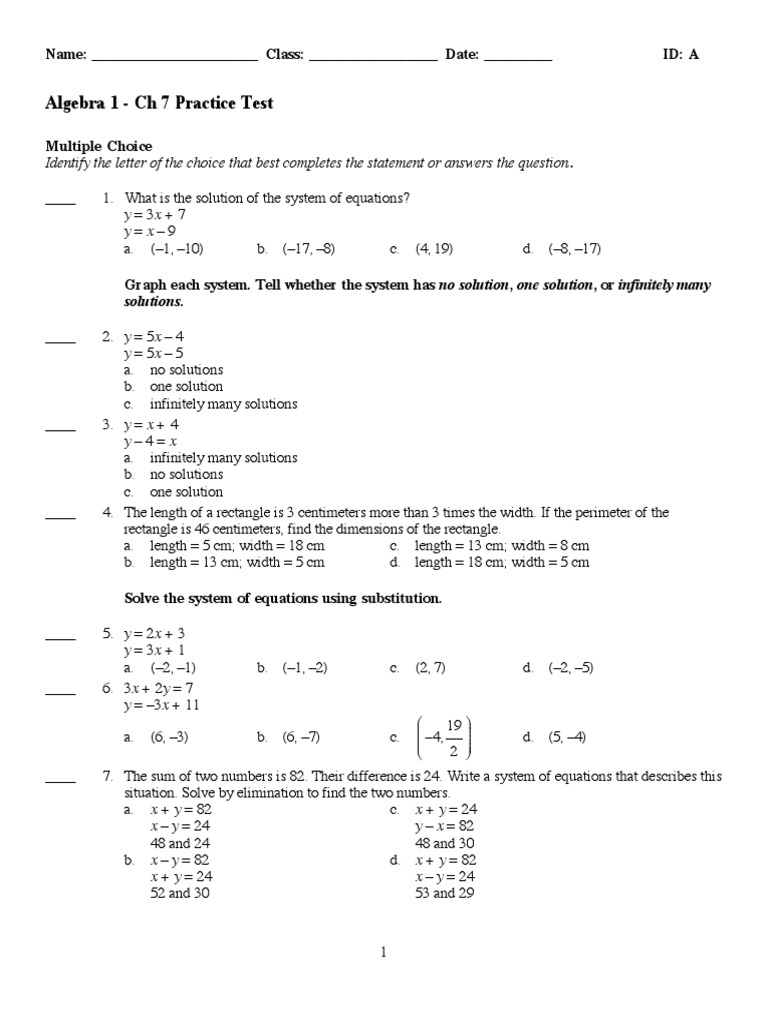 Algebra 1 - CH 7 Practice Test | Download Free PDF | Length | System Of ...