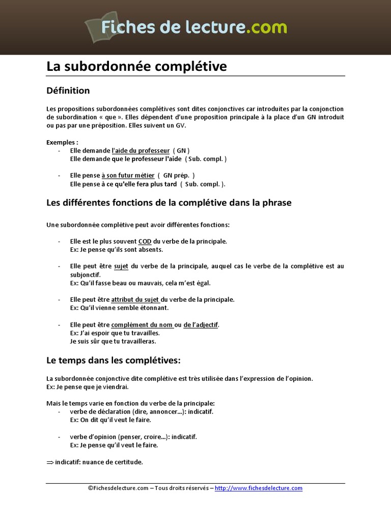 La proposition subordonnée complétive | PDF