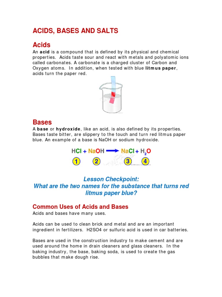 Grade7 Science Study Guide Acids Bases and Salts 1 | PDF | Acid | Ph