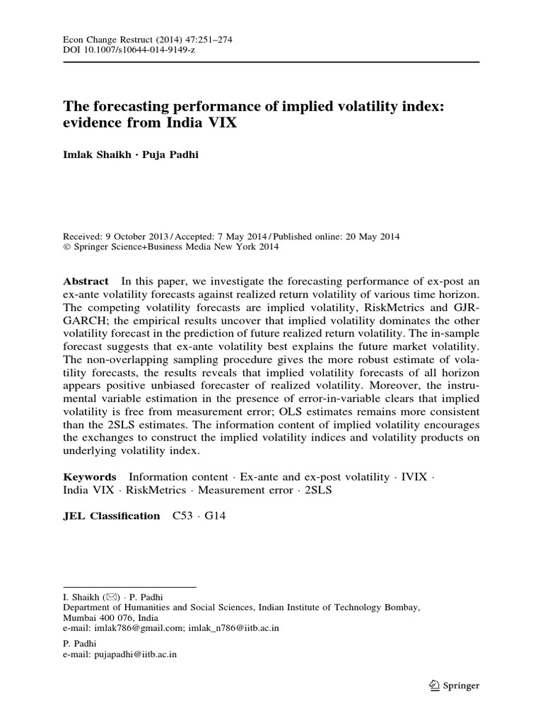 The Forecasting Performance of Implied Volatility Index: Evidence From India VIX | PDF | Vix ...