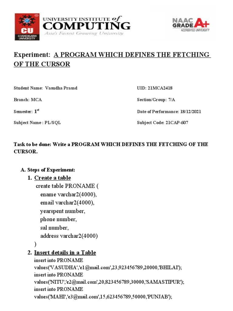 Experiment: A Program Which Defines The Fetching of The Cursor | PDF
