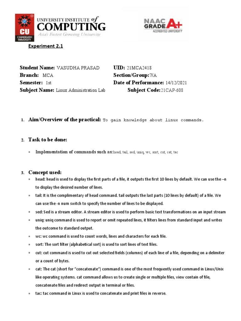 Experiment Report on Linux Commands such as Head, Tail, Sed, Uniq, Wc, Sort, Cut, Cat, and Tac ...