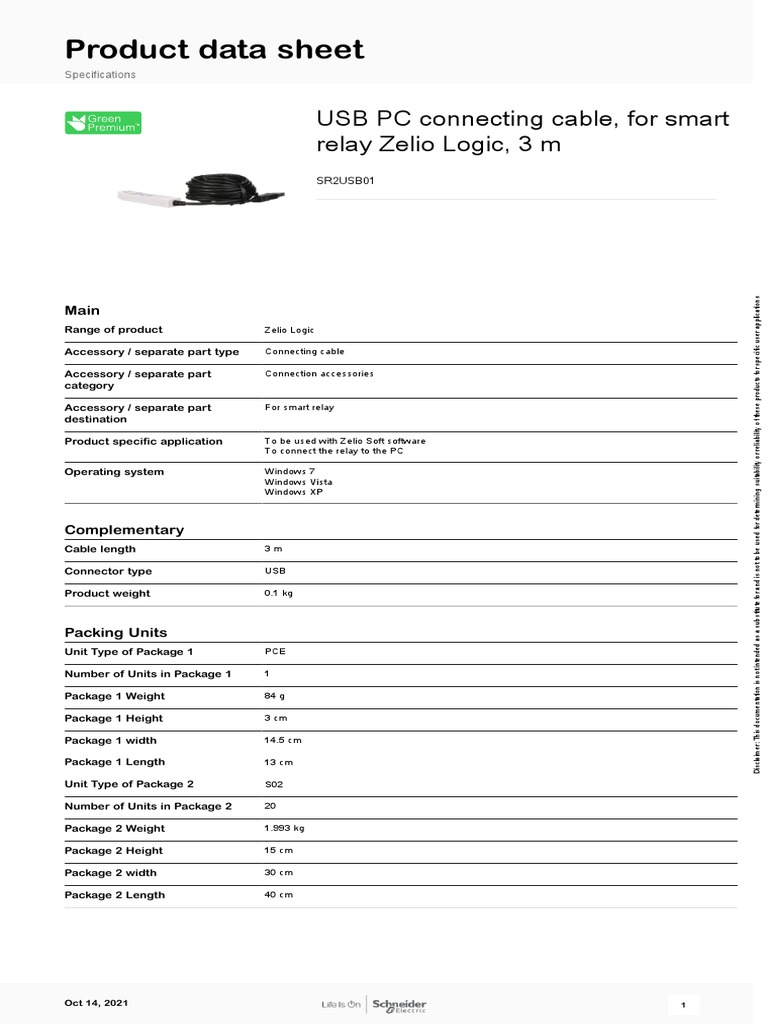 Product Data Sheet: USB PC Connecting Cable, For Smart Relay Zelio ...