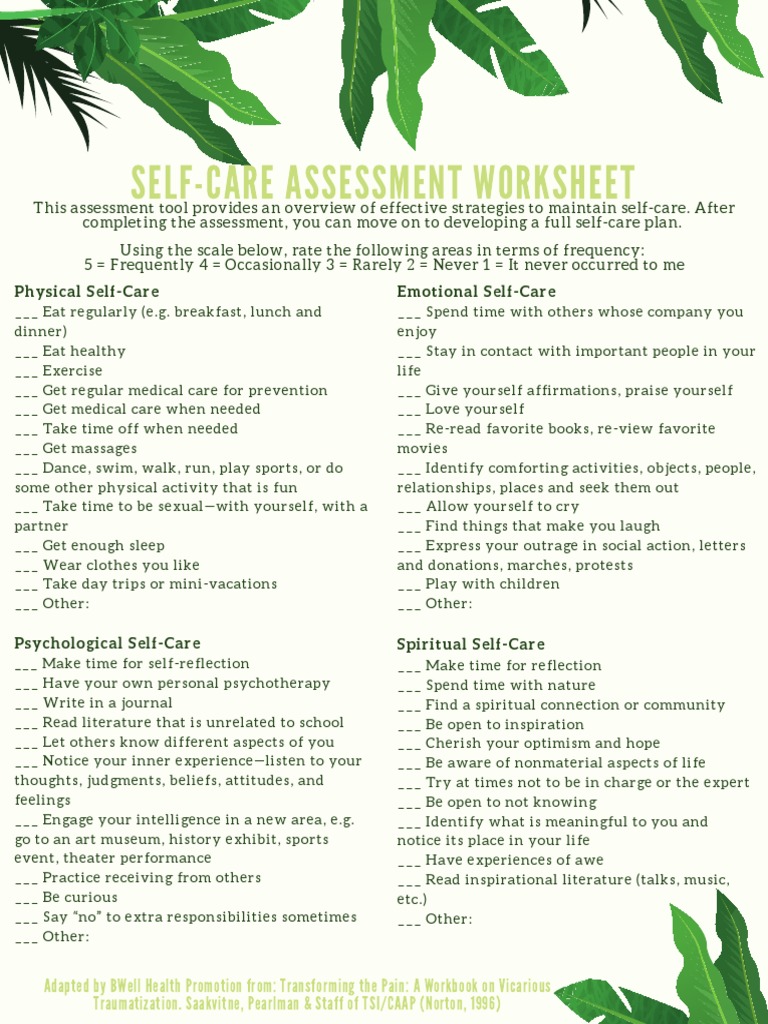 Self-Care Assessment Worksheet | PDF | Clinical Psychology | Human Nature