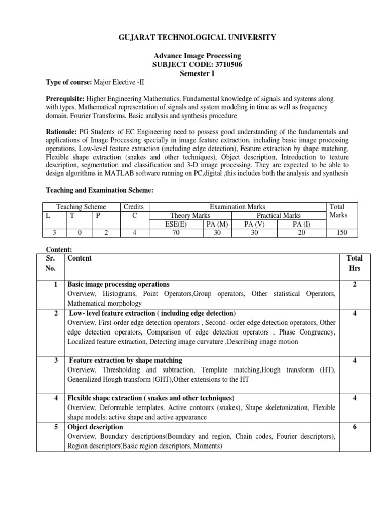 Gujarat Technological University Advance Image Processing SUBJECT CODE: 3710506 Semester I | PDF ...