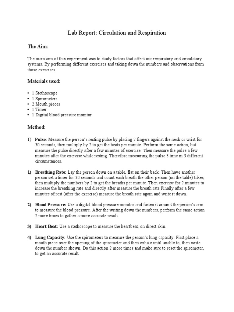 Lab Report - Circulation and Respiration | PDF | Breathing | Blood Pressure