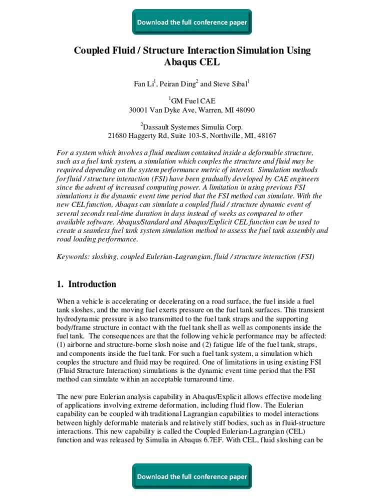 Coupled Fluid Structure Interaction Simulation Using Abaqus Cel Pdf
