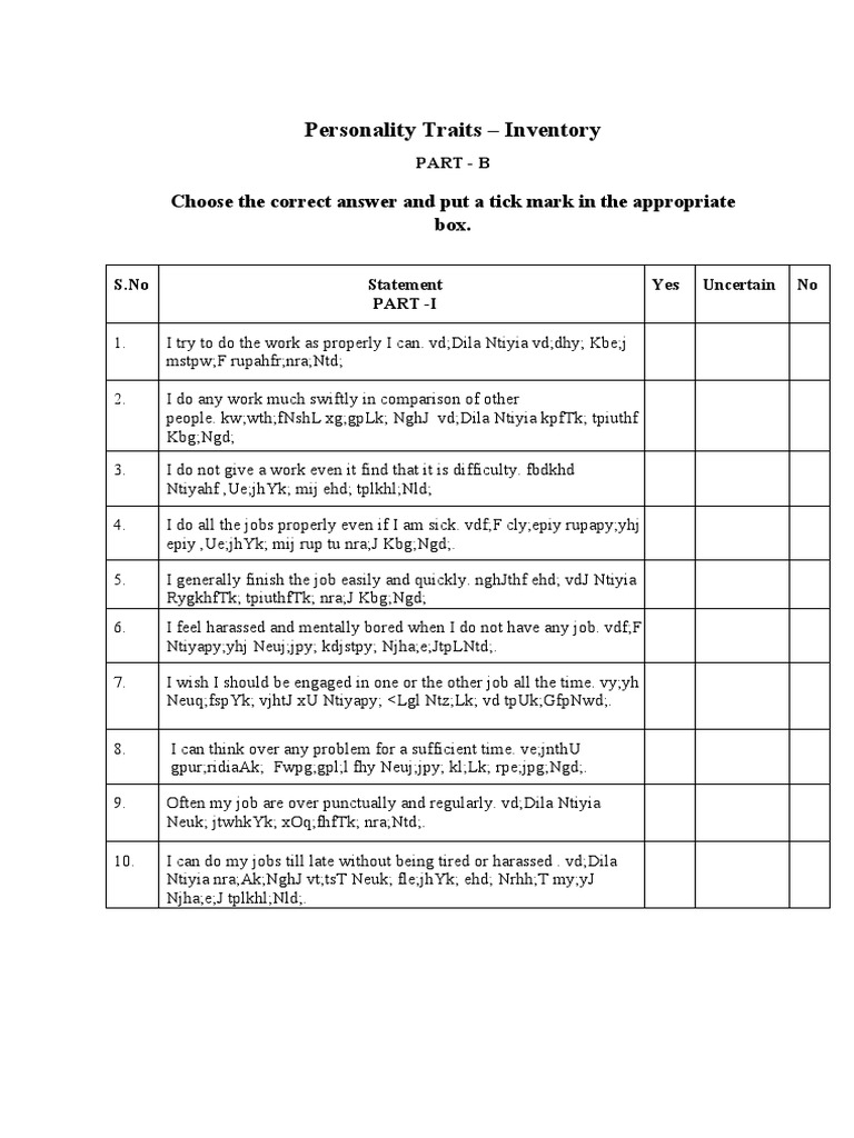 Personality Traits - Inventory: Choose The Correct Answer and Put A ...