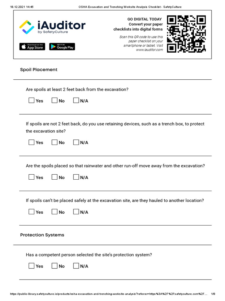 OSHA Excavation and Trenching Worksite Analysis Checklist ...