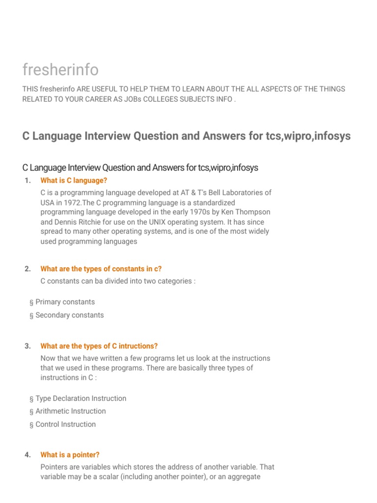 Fresherinfo - C Language Interview Question and Answers For TCS, Wipro, Infosys | PDF | Pointer ...