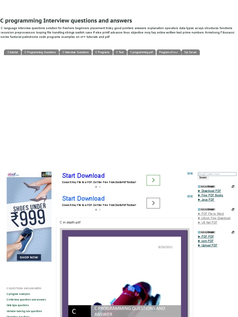 C Programming Interview Questions and Answers C in Depth PDF PDF Free | PDF | Pointer (Computer ...