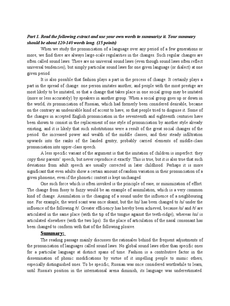 Part 1. Read The Following Extract and Use Your Own Words To Summarize ...