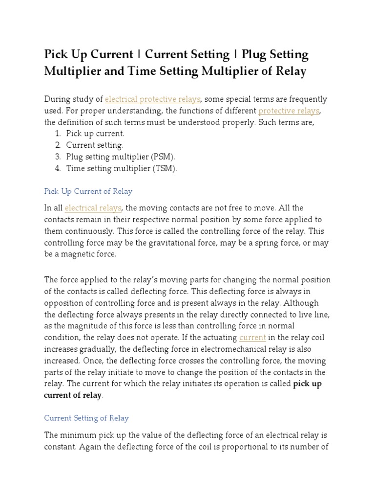 Pick Up Current Current Setting Plug Setting Multiplier and Time ...