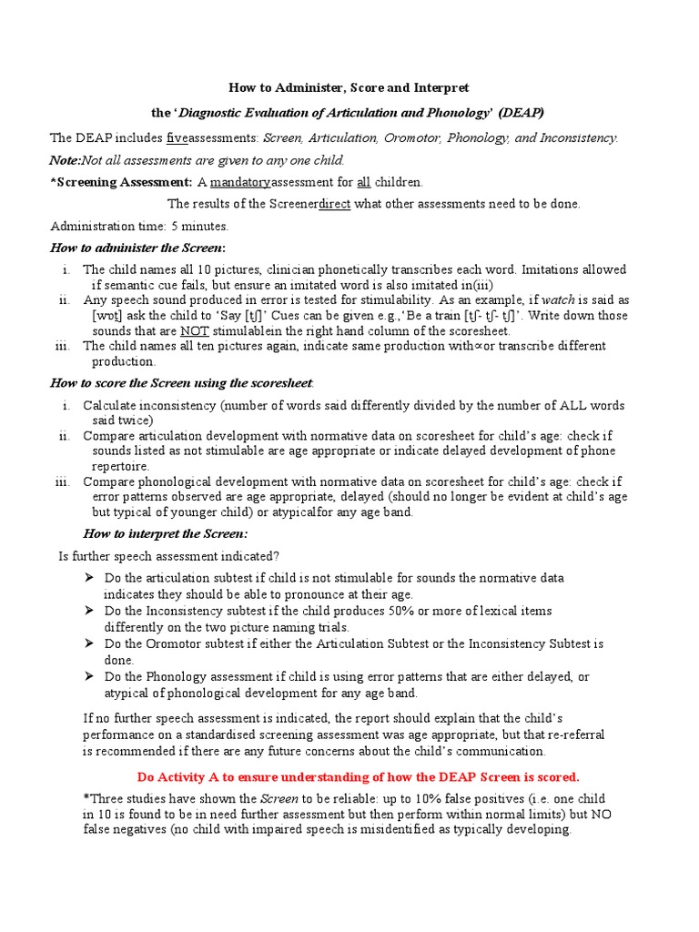 DEAP Administration and Scoring Guide | PDF | Speech | Consonant