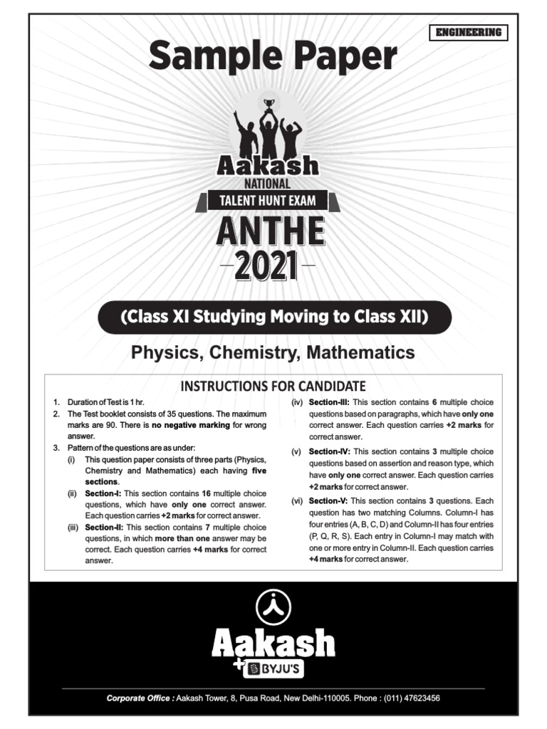 ANTHE 2021 (Engineering) Sample Paper | PDF | Gases | Mole (Unit)