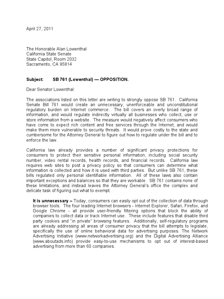 Opposition Letter To SB 76 California Do Not Track Bill | PDF | Privacy ...